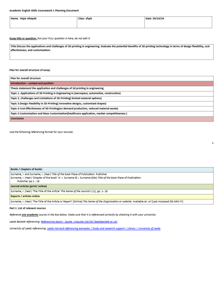CW1 Planning Document 2024-2025 | PDF | 3 D Printing