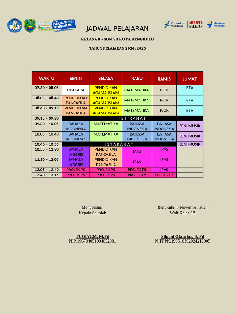 Revisi Jadwal Kelas 6B | PDF