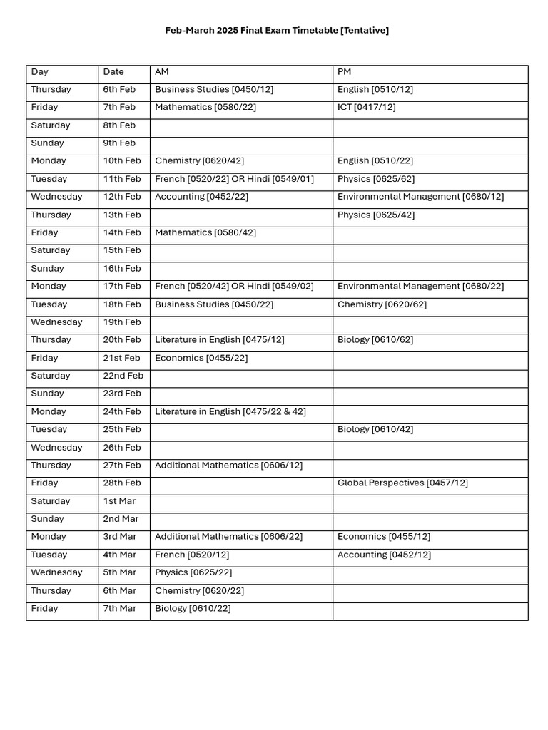 2025 Final Exam Timetable: Feb-Mar | PDF