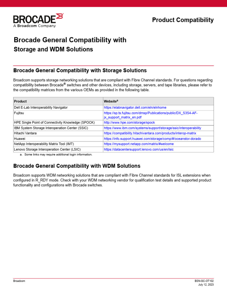 Brocade General Compatibility With Storage and WDM Solutions BSN-GC-OT102 | PDF | Computing ...