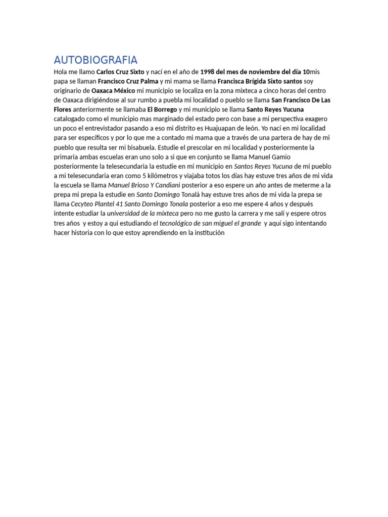 Autobiografía de Carlos Cruz Sixto | PDF