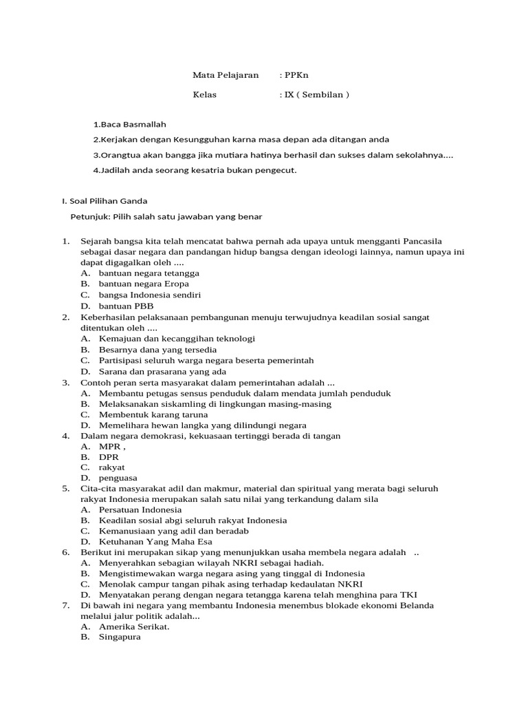 PPKN Soal Pts 9 2021 SMT 1 | PDF