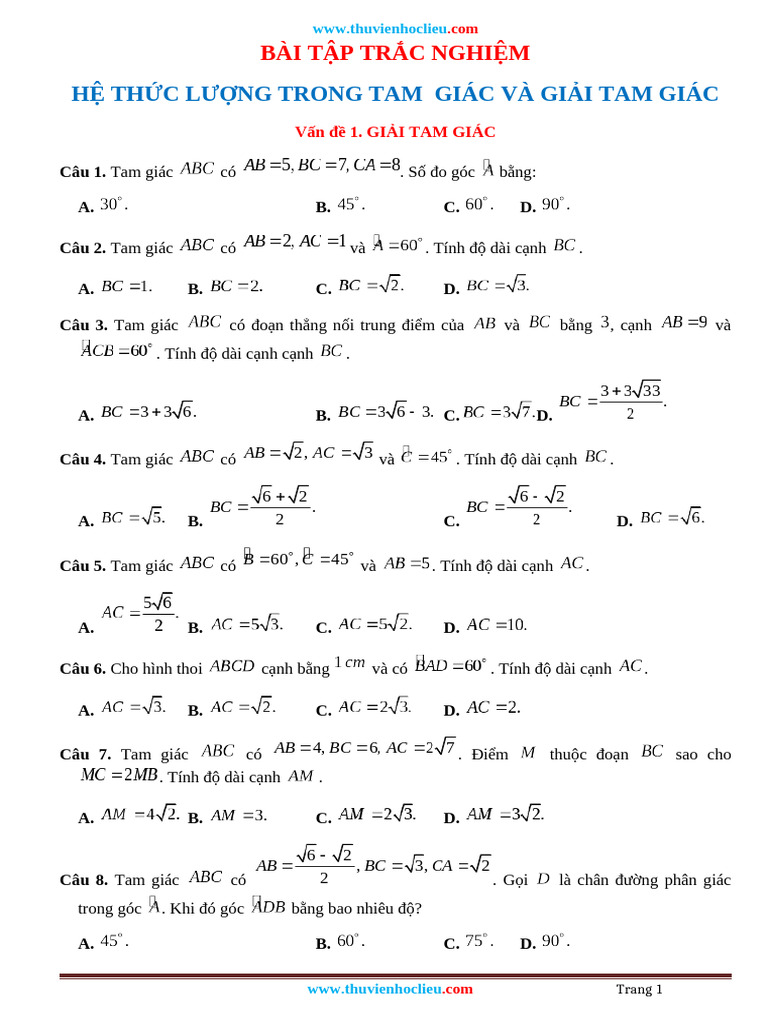 Trac Nghiem He Thuc Luong Va Giai Tam Giac | PDF