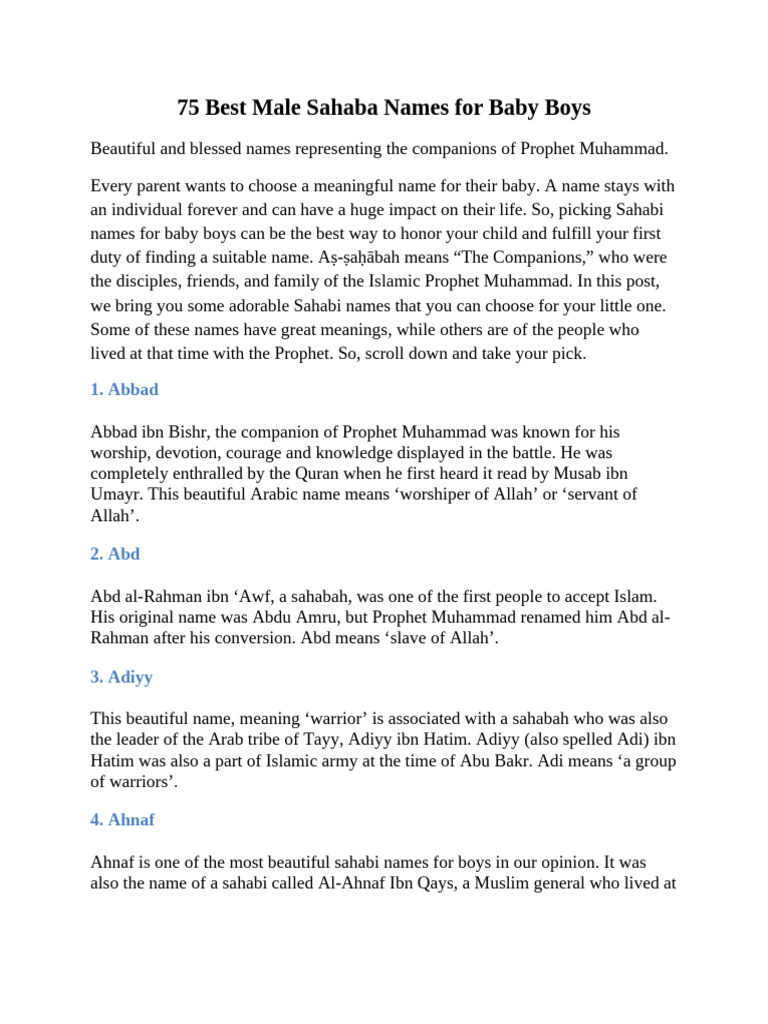 75 Best Male Sahaba Names For Baby Boys | PDF | Muhammad | Umar