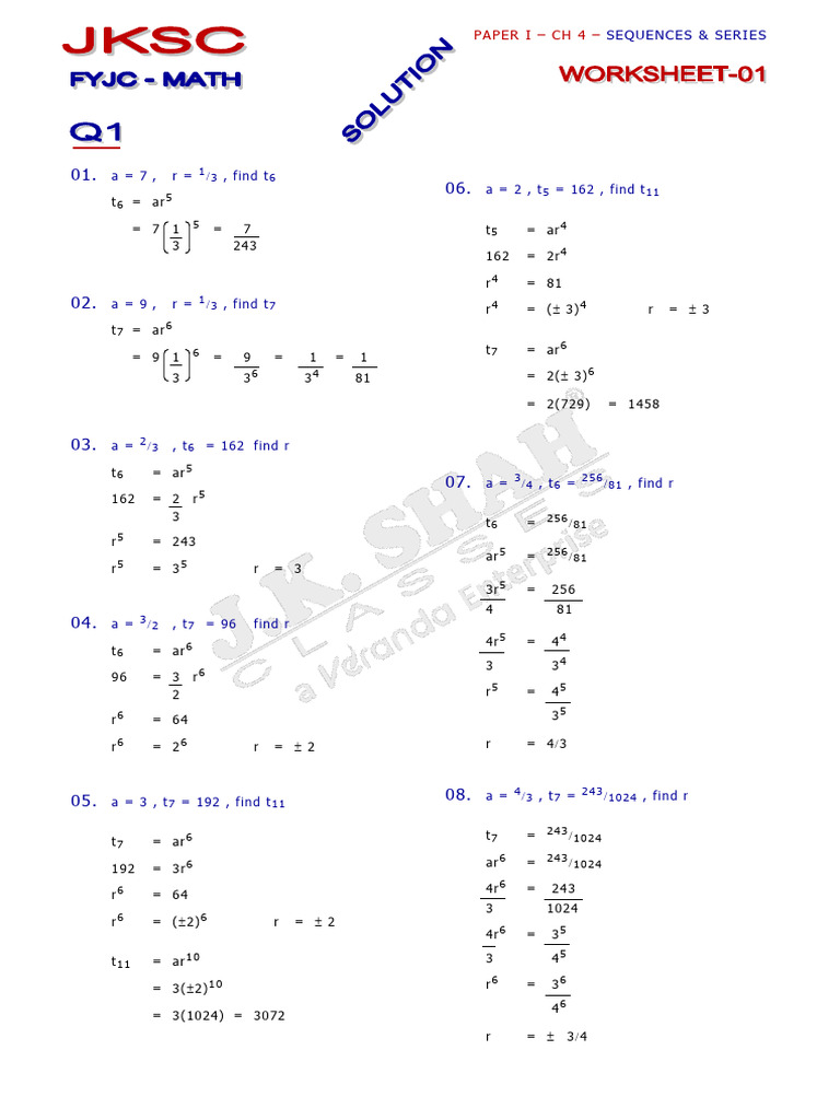 CH 4 - Sequences & Series - Worksheet Soln Sets | PDF