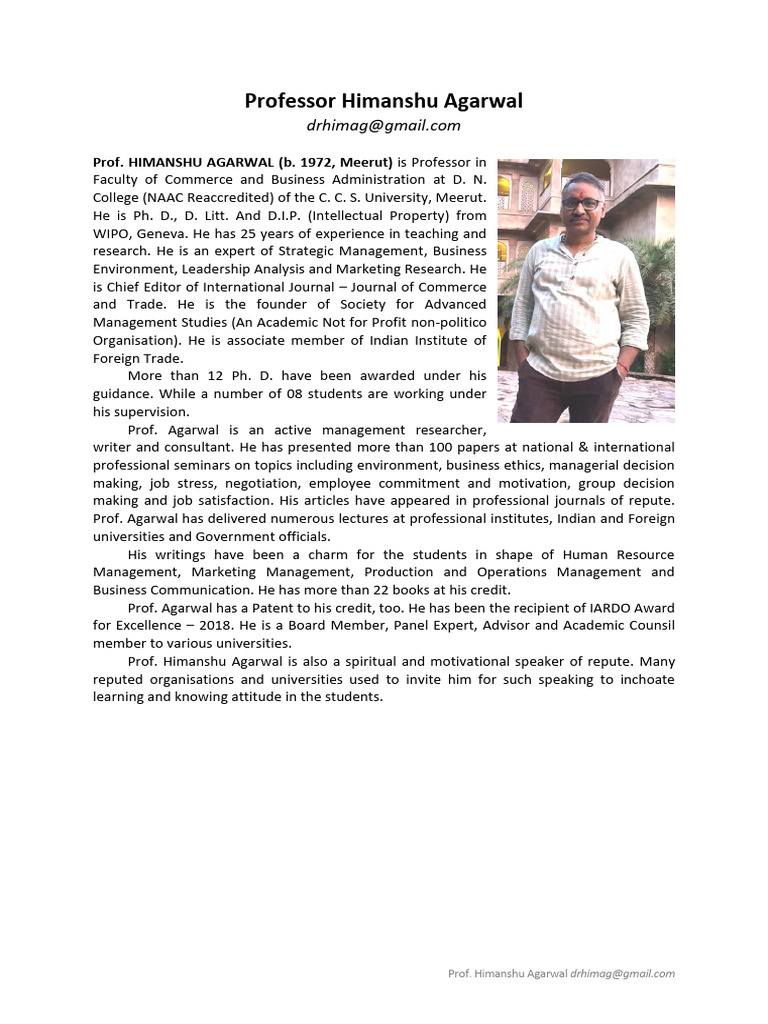Prof. Himanshu Agarwal: Academic Profile | PDF