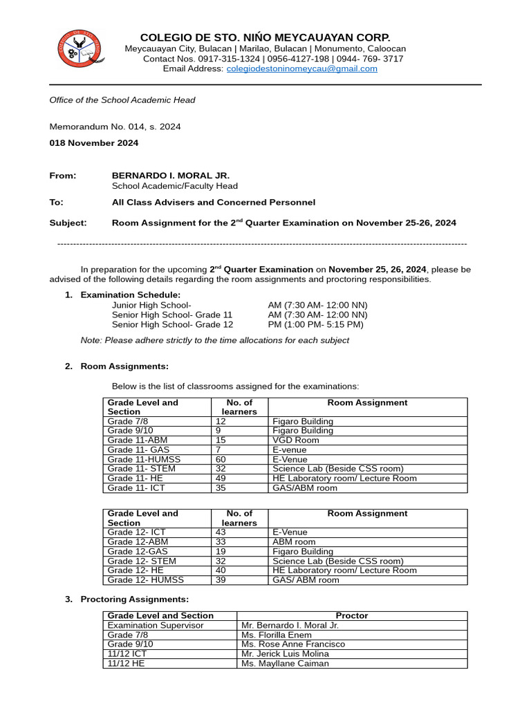 Memo 14-Room Assignment For The 2nd Quarter Examination On November 25 ...