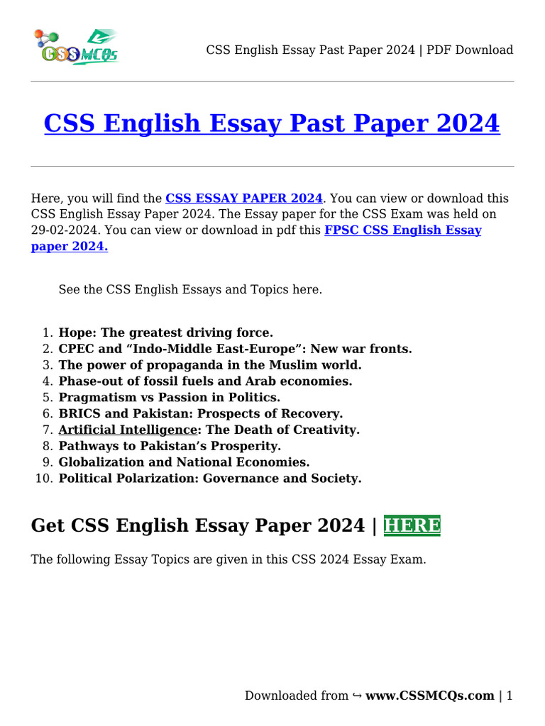 CSS English Essay Paper 2024 PDF | PDF | English Grammar | English Language