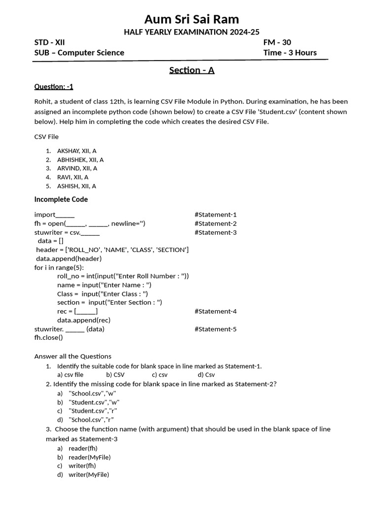 Python CSV File Creation Exam Guide | PDF | Computer Programming | Computing