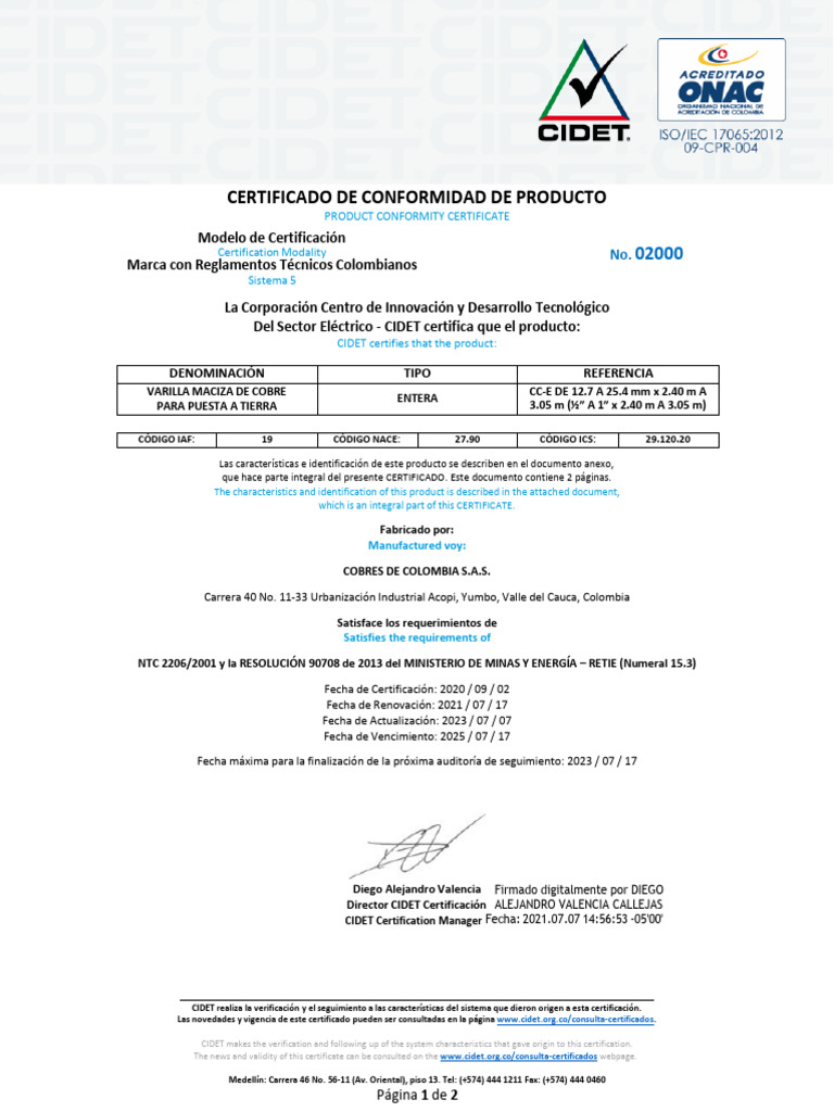 Certificado Retie Varilla CW Cobres de Colombia | PDF
