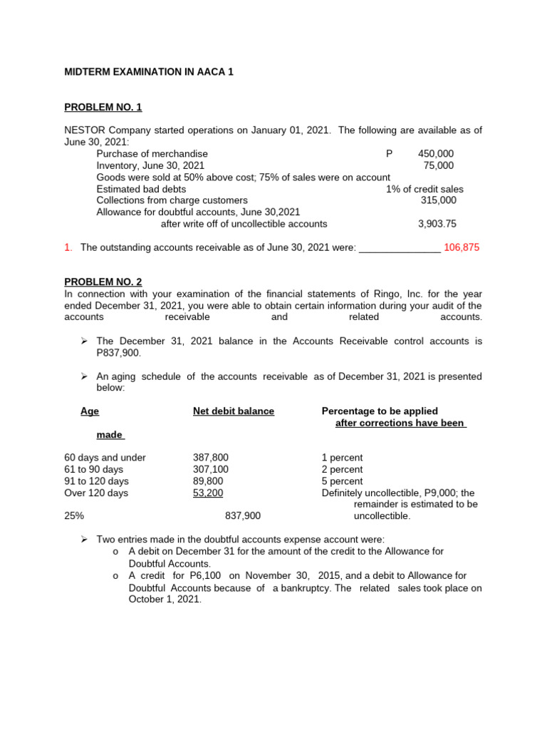 Midterm Examination in AACA 1 With Ans. | PDF | Bad Debt | Debits And Credits