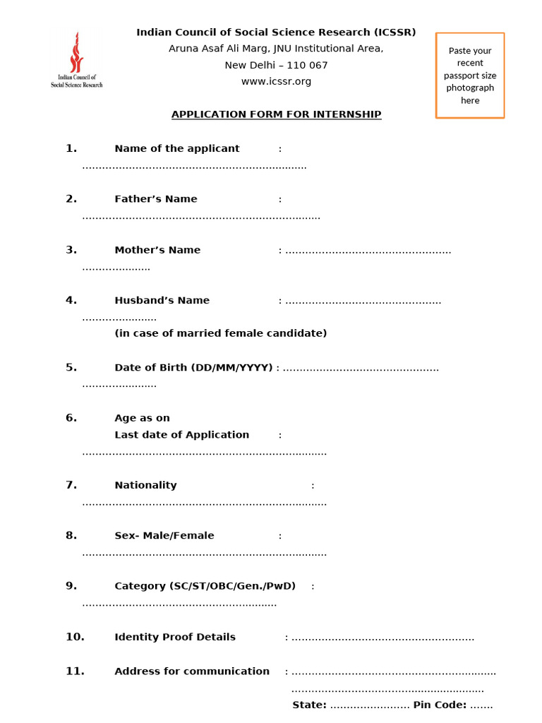 ICSSR Internship Application Form | PDF