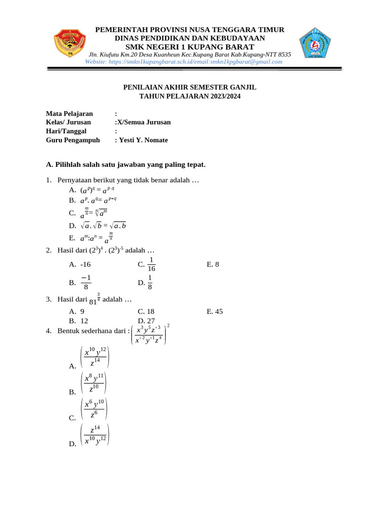 SOAL MTK KELAS X - 053808 SDH Print | PDF