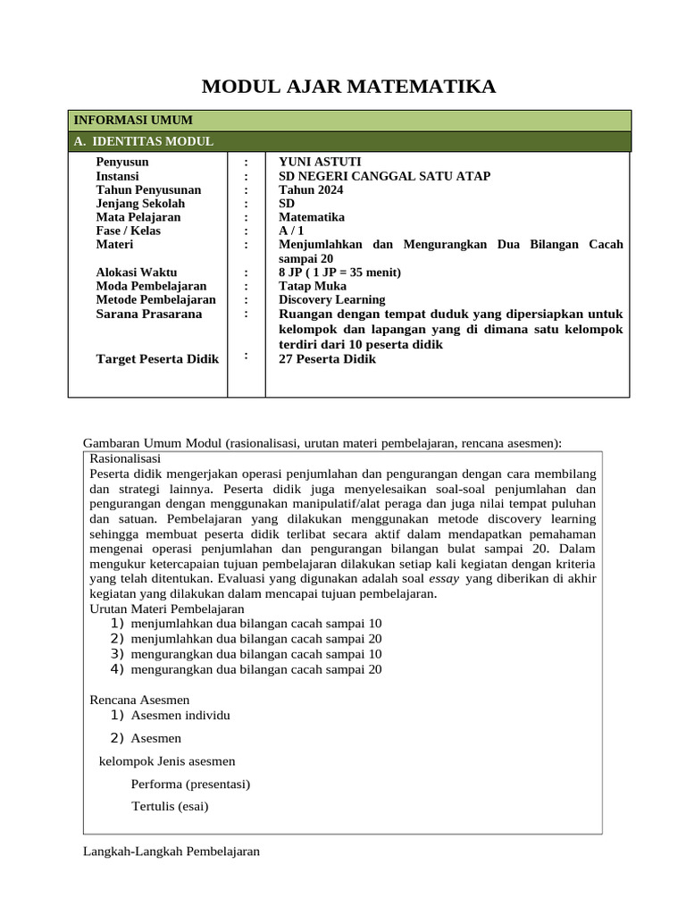 Modul Ajar Matematika - Menjumlahkan Dan Mengurangkan Dua Bilangan Cacah Sampai 20 - Fase A | PDF