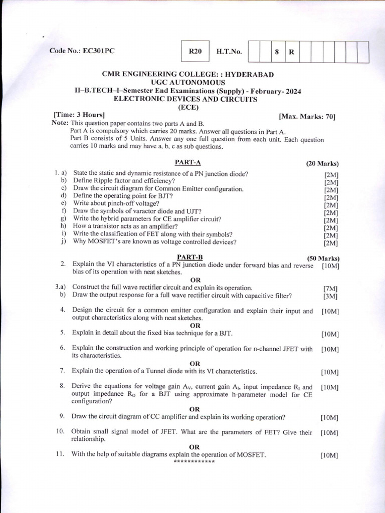 Electronic Devices and Circuits SUPPLY R20 FEB-2024 QP | PDF