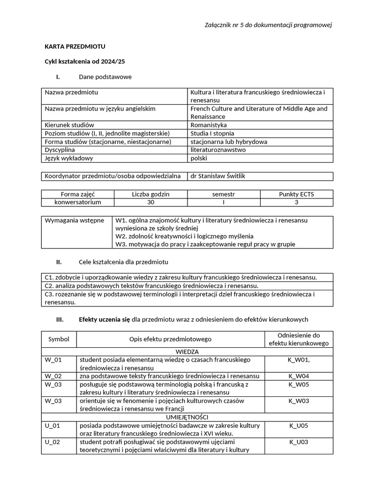 Kultura I Literatura Francuskiego Sredniowiecza I Renesansu Sem I 2024 ...