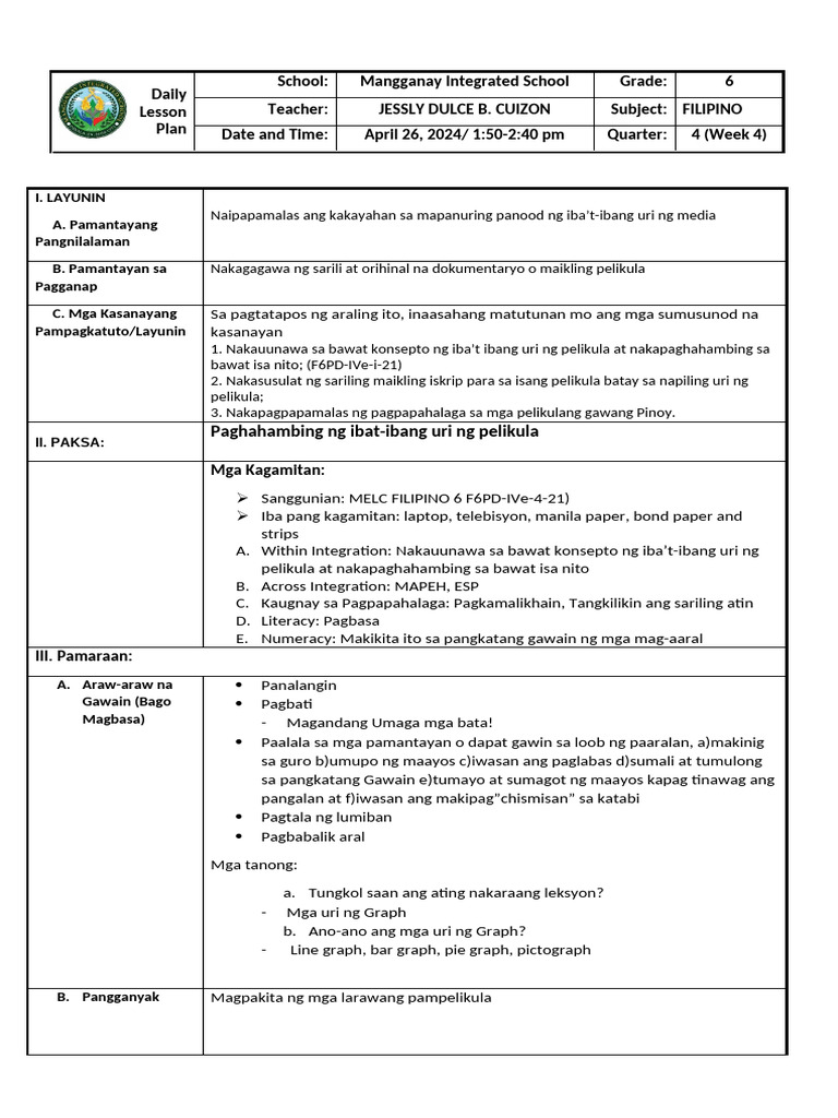 FILIPINO6 - LP - W4 - Cuizon, Jessly Dulce | PDF