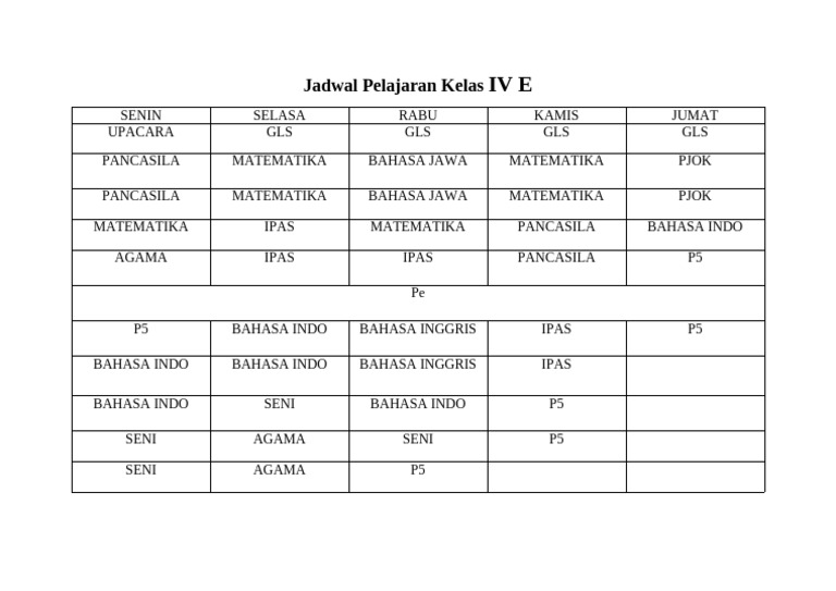 Jadwal Pelajaran Kelas Iv E Pdf