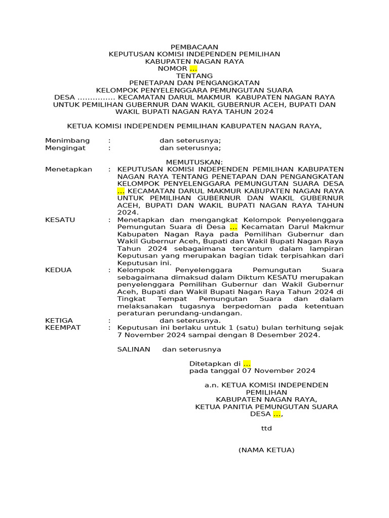 Penetapan KPPS Nagan Raya 2024 | PDF