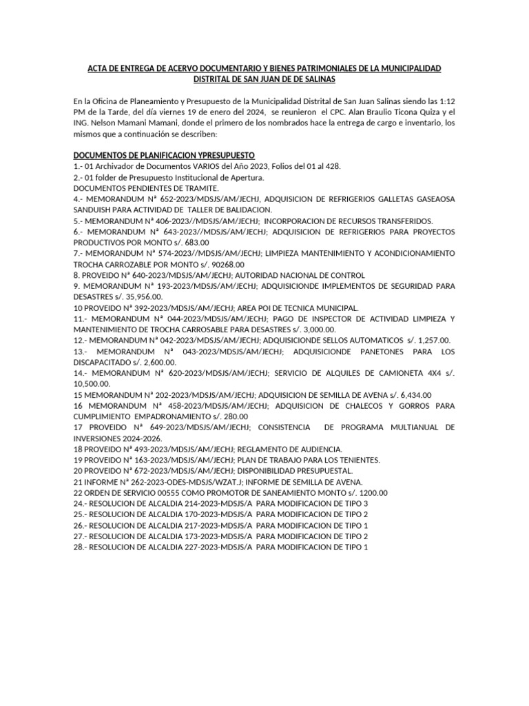 Acta de Entrega de Acervo Documentario | PDF