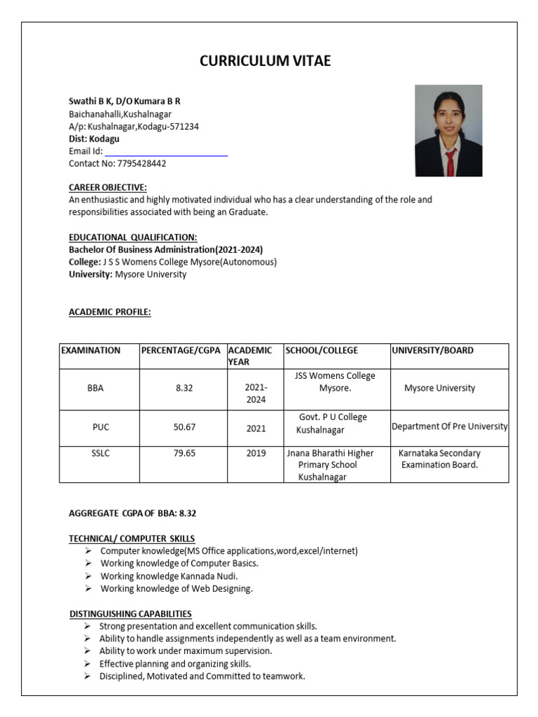 Swathi B K - BBA Graduate CV | PDF | Knowledge | Cognition