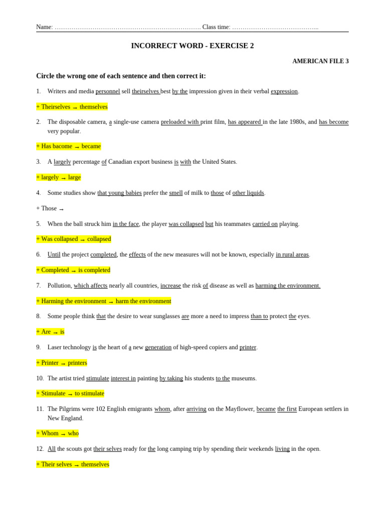 EXERCISE 2 Incorrect Words | PDF