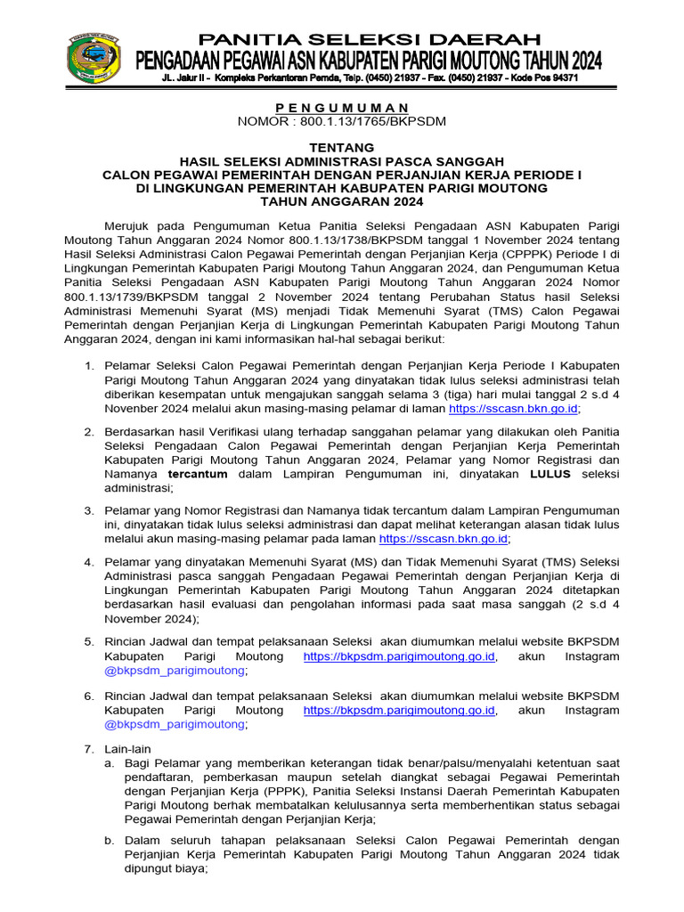 Pengumuman Seleksi Administrasi Pasca Sanggah PPPK 2024 | PDF