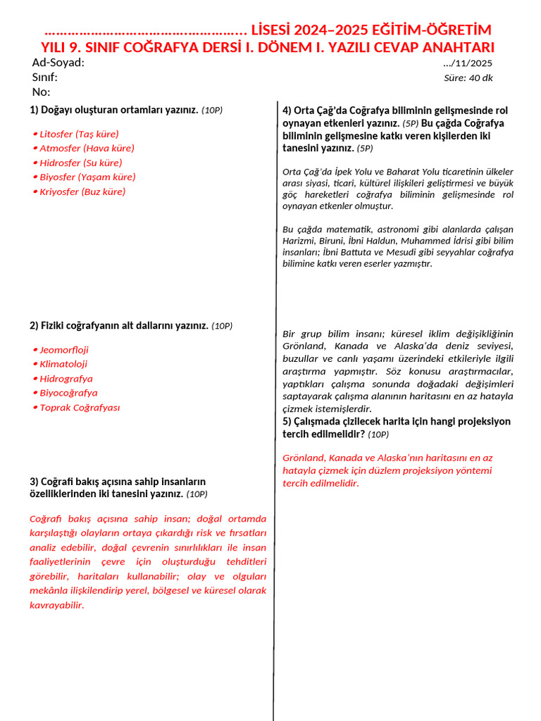 Cografya 9 Sinif 1 Donem 1 Yazili Cevap Anahtari 2024 2025 | PDF