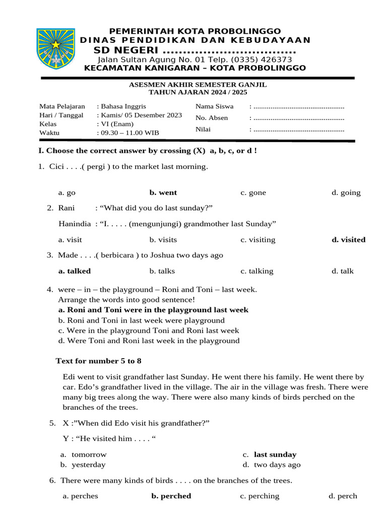 Soal BHS Inggris Aas Ganjil KLS 6 (Fixxx | PDF