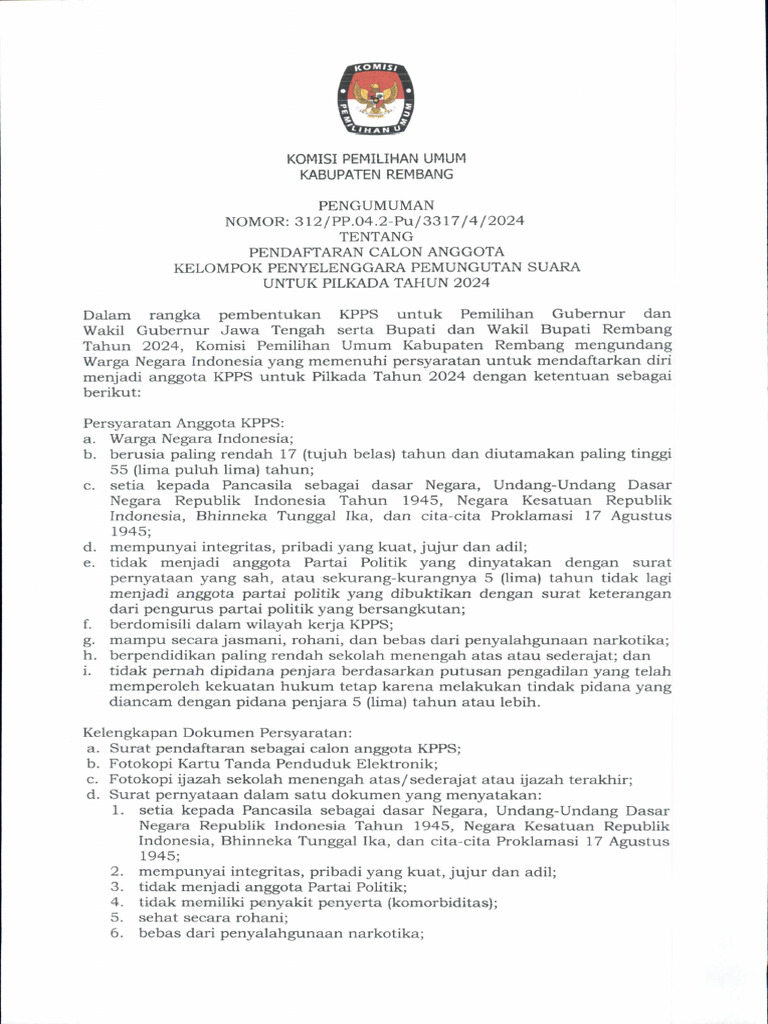 Pengumuman KPU - Pendaftaran KPPS Pilkada Tahun 2024 | PDF