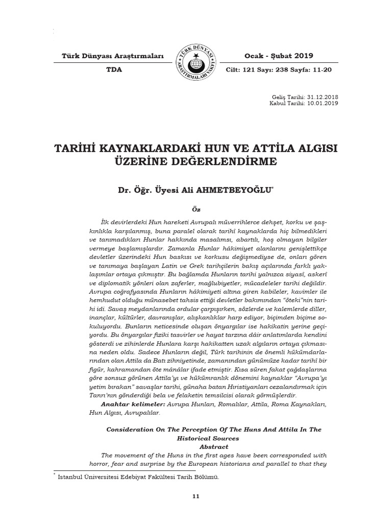 Tar H Kaynaklardak Hun Ve Att La Algisi Zer Ne de Erlend Rme (#847547) - 1470511 | PDF