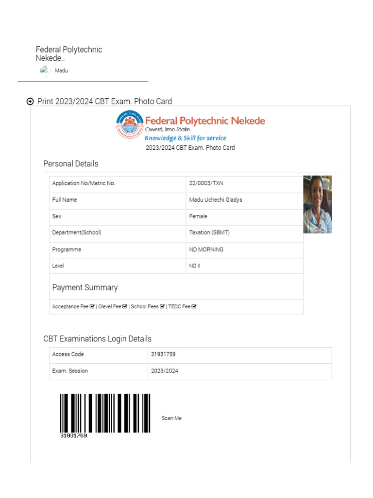 Uchechi CBT Exam Card | PDF