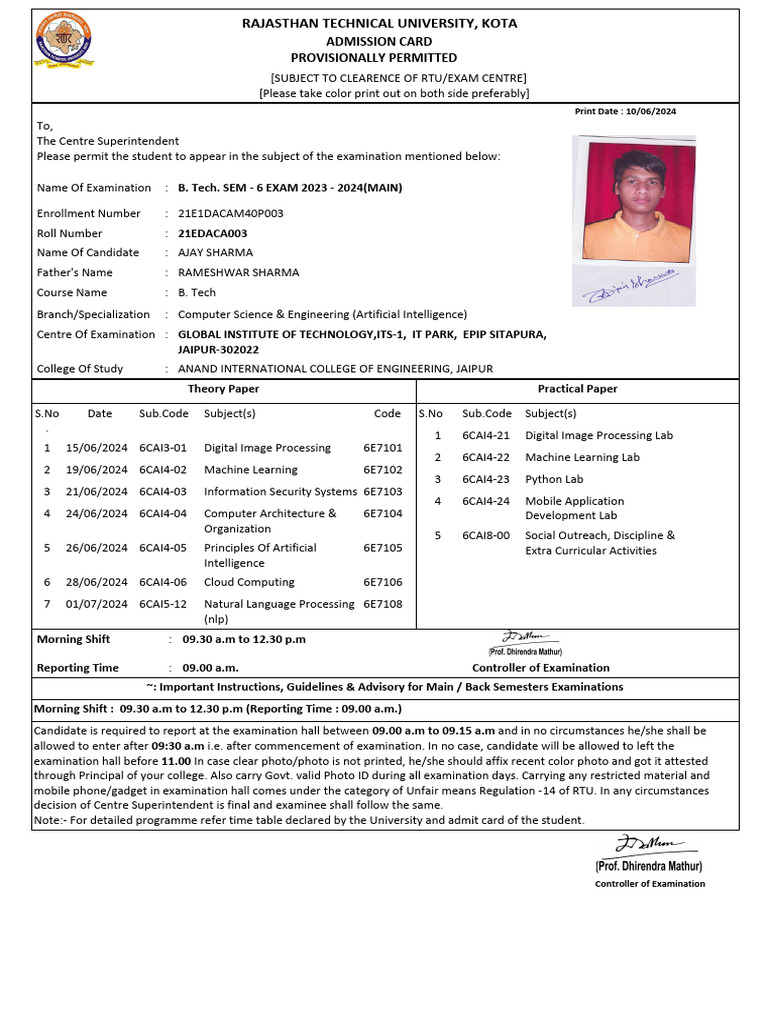 Admit Card 20240610181622144 | PDF | Computing