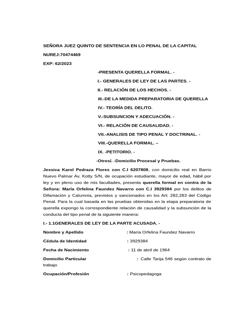 Querella por Difamación y Calumnia | PDF | Queja | Intención (Derecho Penal)