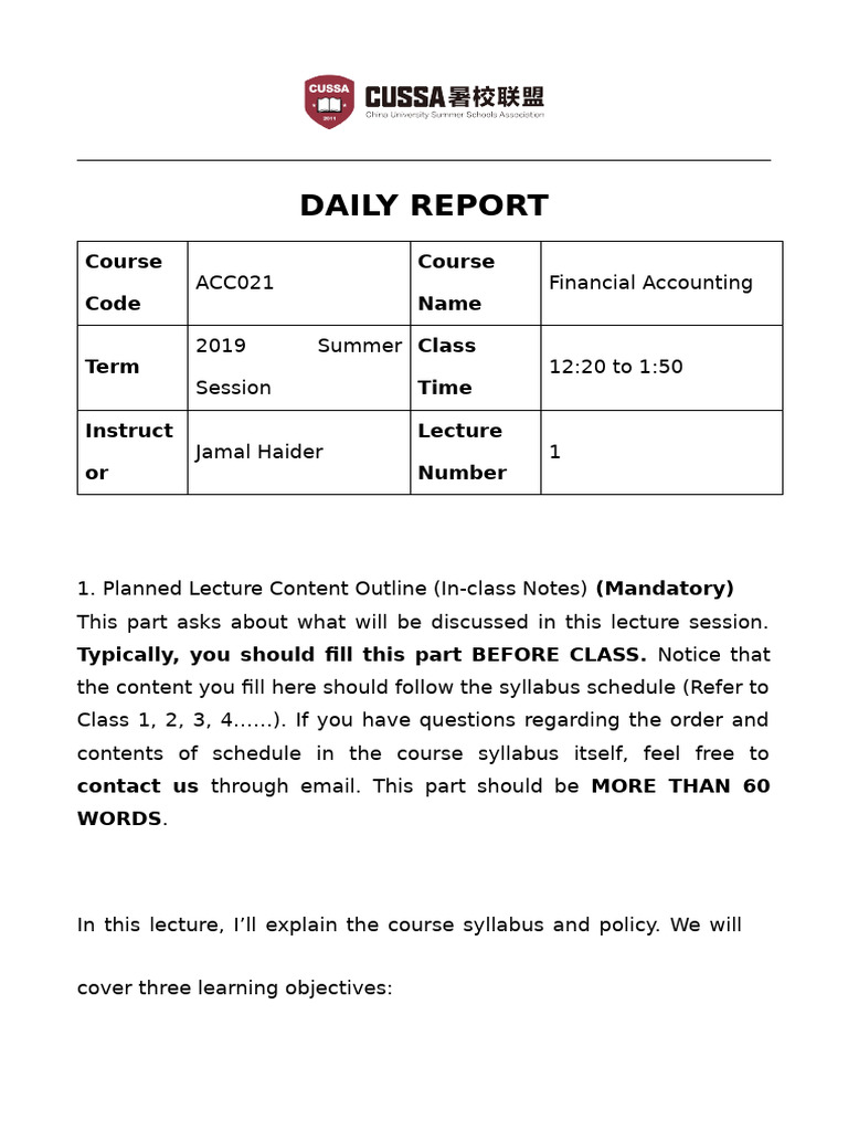 Financial Accounting Daily Report | PDF | Lecture