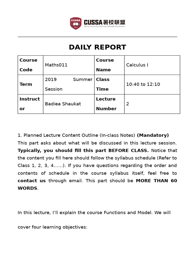 Daily Report-2019 Summer - Maths-11 - Class 2 | PDF | Function ...