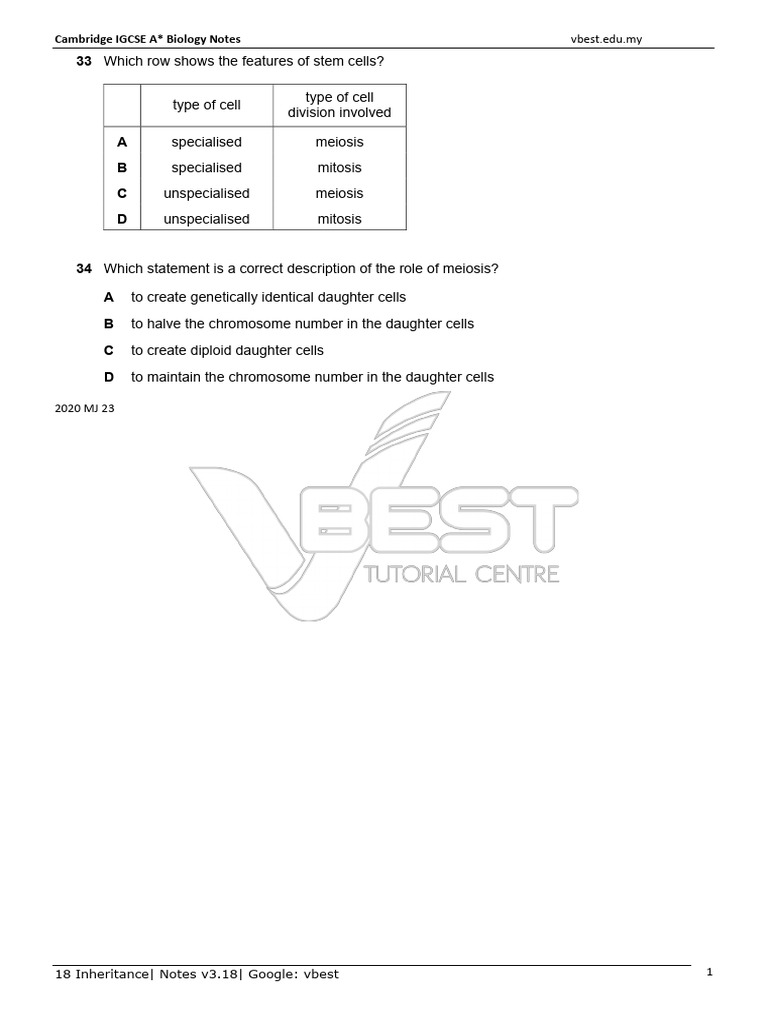 17 Inheritance 2020 2021 ON MCQ 4 | PDF | Meiosis | Cell (Biology)