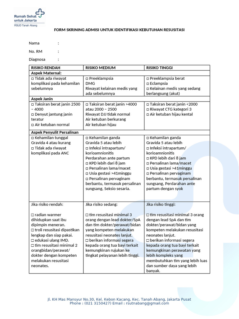 Form Skrining Admisi Utk Identifikasi Kebutuhan Resusitasi | PDF