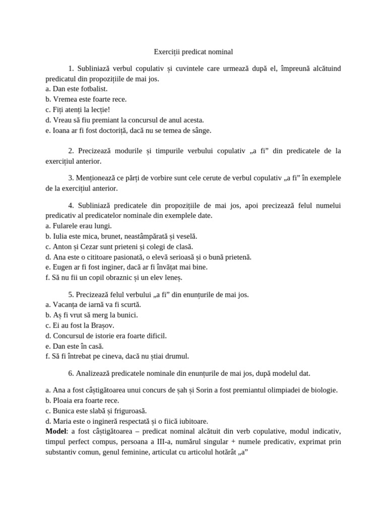 Exerciții Predicat Nominal | PDF