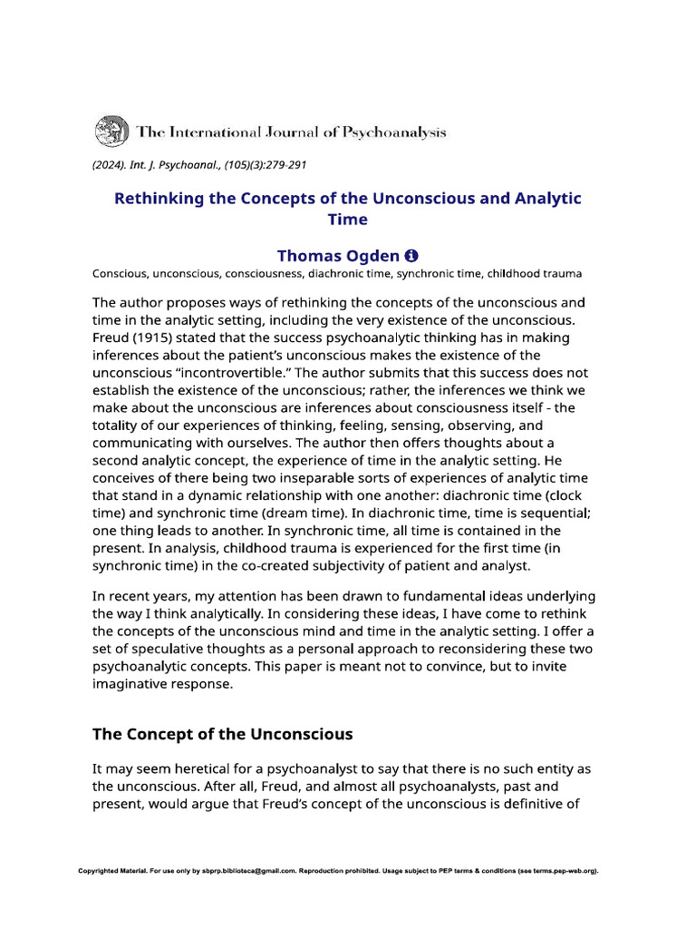 Ogden, Thomas - Rethinking The Concepts of The Unconscious and Analytic Time | PDF