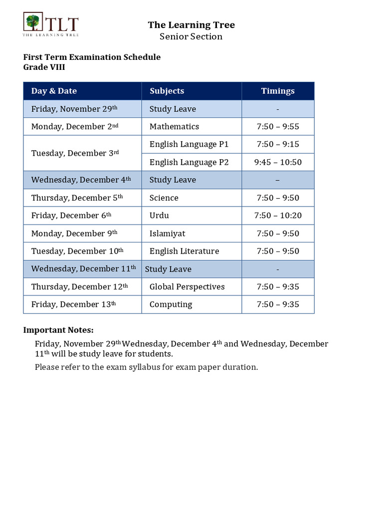 Grade VIII - First Term Exam Schedule & Syllabus | PDF | Educational ...