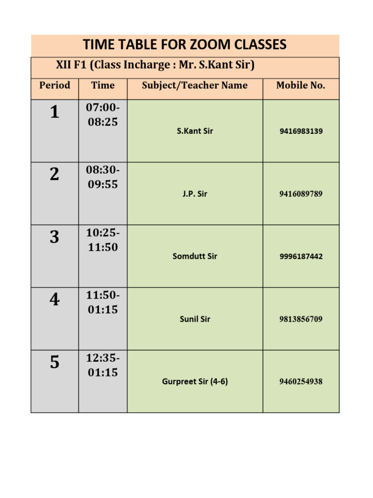 Zoom Class Timetable for XII F1 | PDF