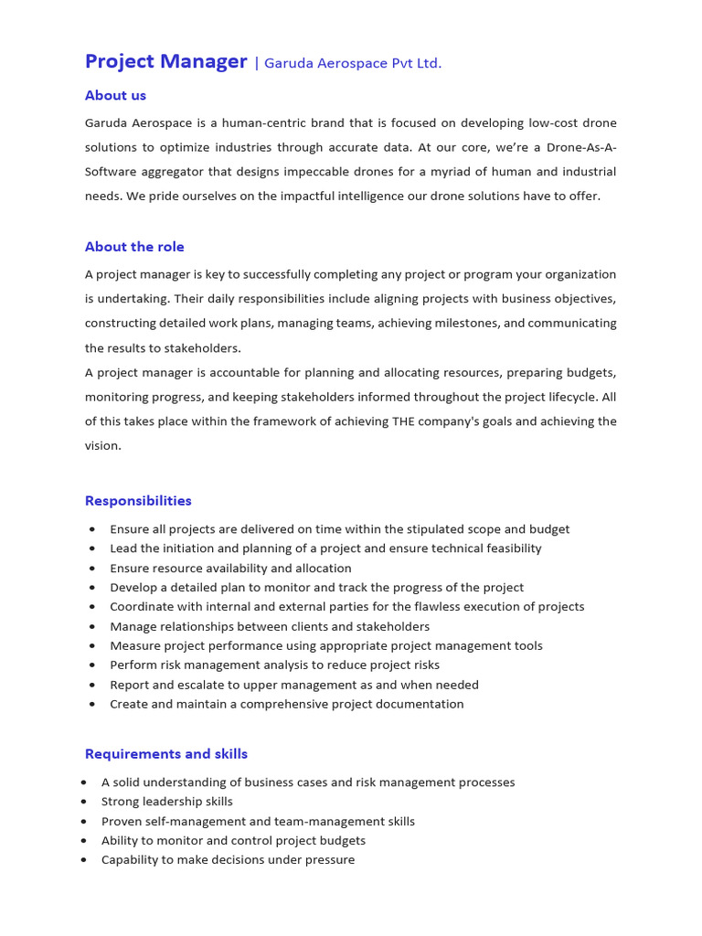 JD For Project Manager | PDF