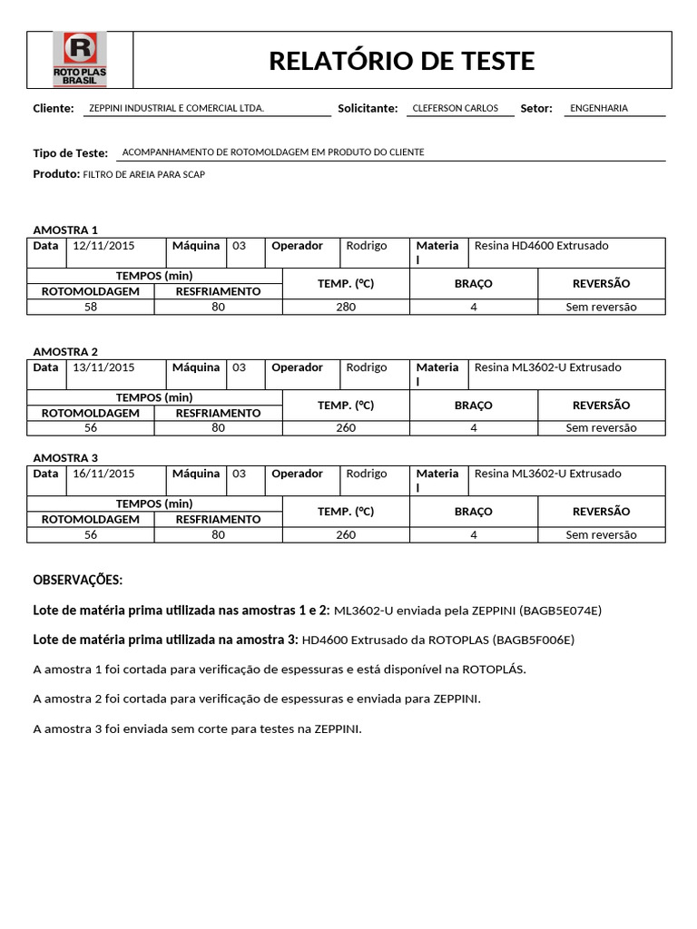 Relatório de Teste de Rotomoldagem | PDF
