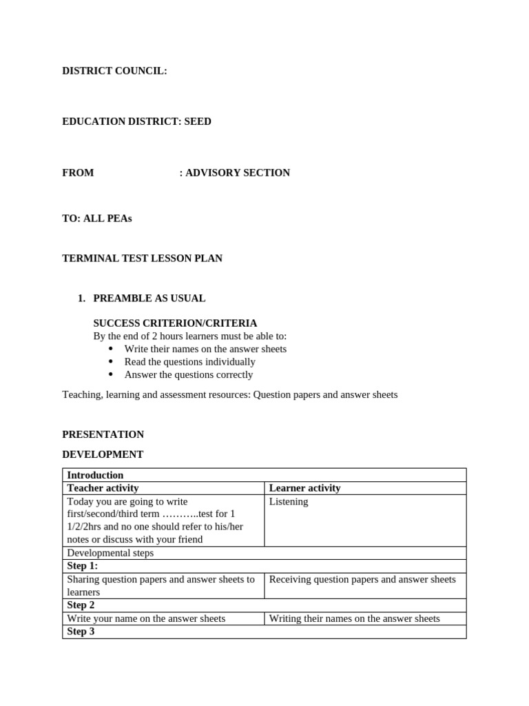 Test Lesson Plan | PDF