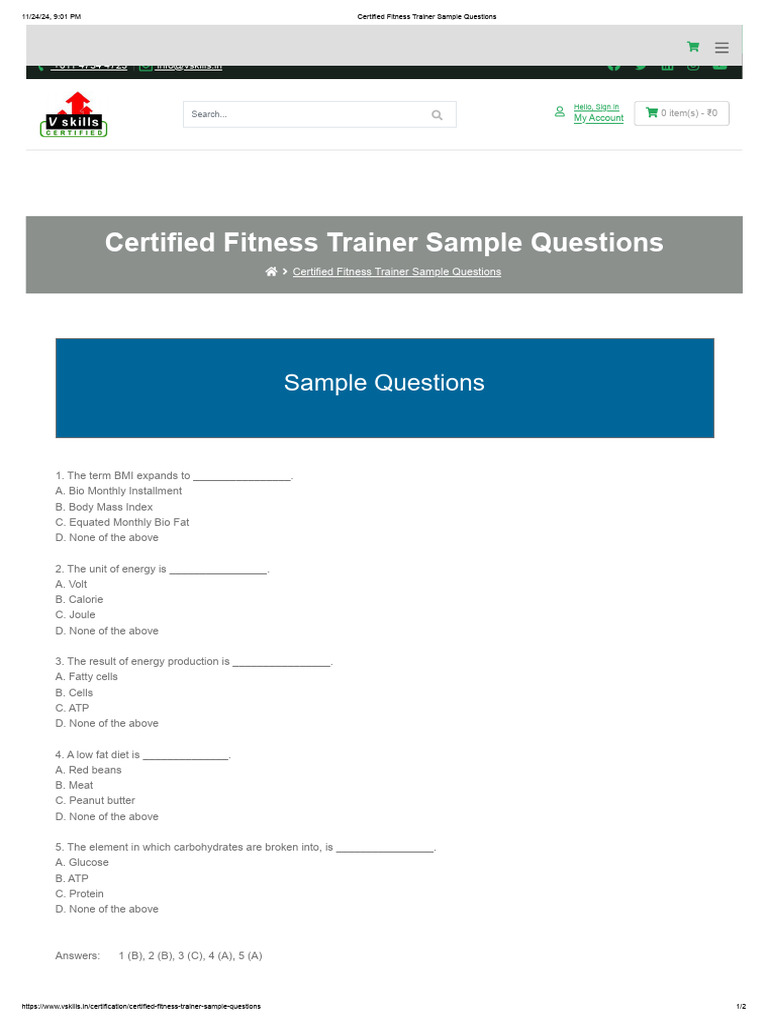 Certified Fitness Trainer Sample Questions | PDF | Fat | Dieting