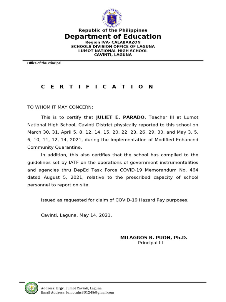 Certification For Hazard Sample Format | PDF