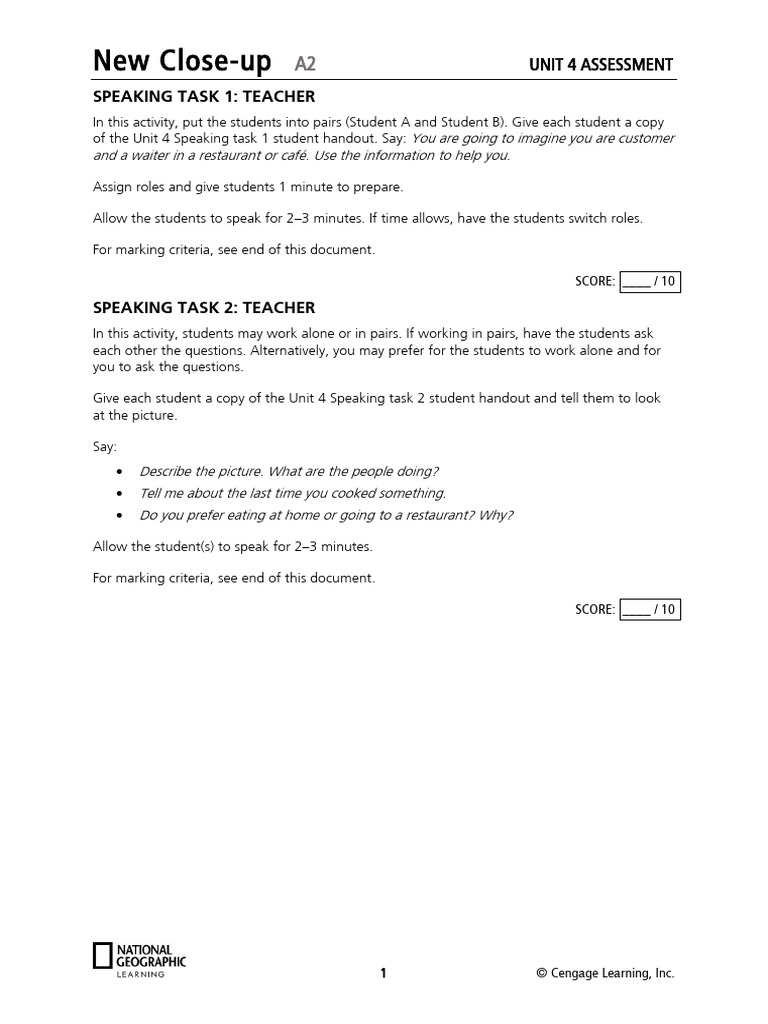 Unit 4 Speaking Assessment Guide | PDF | Waiting Staff