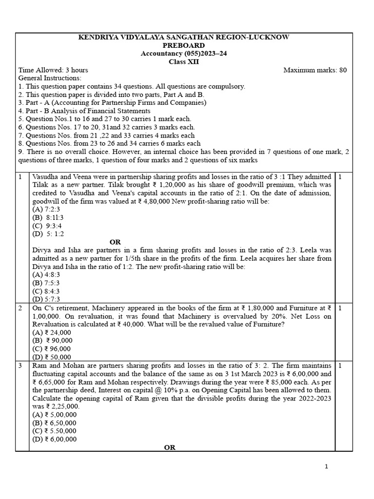 KVS Lucknow XII ACC QP & MS (1st PB) (23-24) | PDF | Balance Sheet ...
