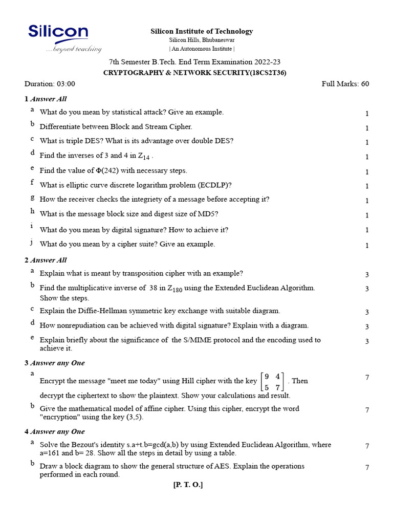 Cryptography & Network Security (18cs2t36) - End Term Exam - 2022-2023 | PDF | Encryption ...